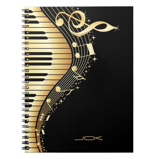 Monogram Elegant Black And Gold Music Notes Design Notebook | Zazzle.com