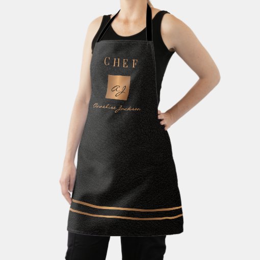 Monogram elegant black gold name script chef apron | Zazzle