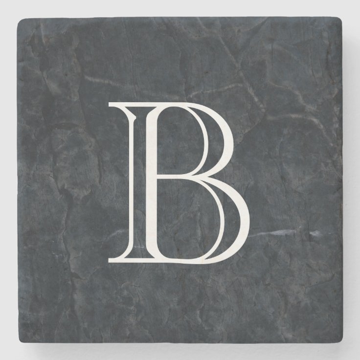 Monogram Elegant Black Stone Texture Stone Coaster | Zazzle
