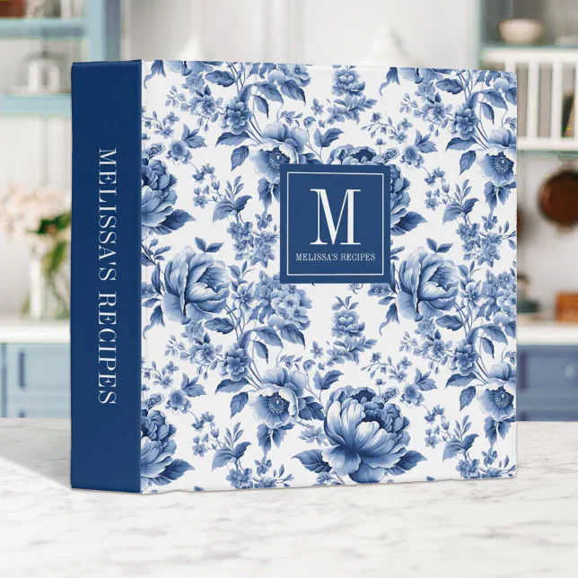 Monogram Elegant Blue Floral Cookbook Recipe 3 Ring Binder | Zazzle