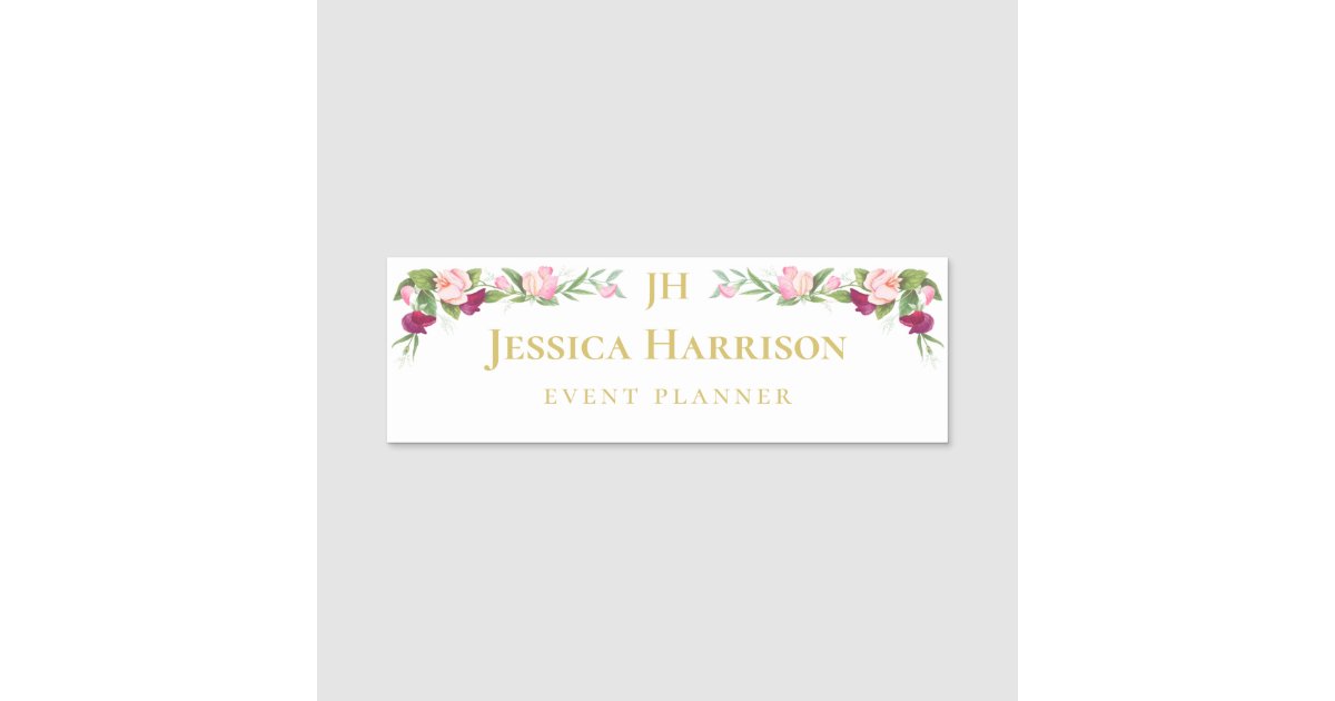 Monogram Elegant Floral Purple Pink Event Planner Name Tag | Zazzle