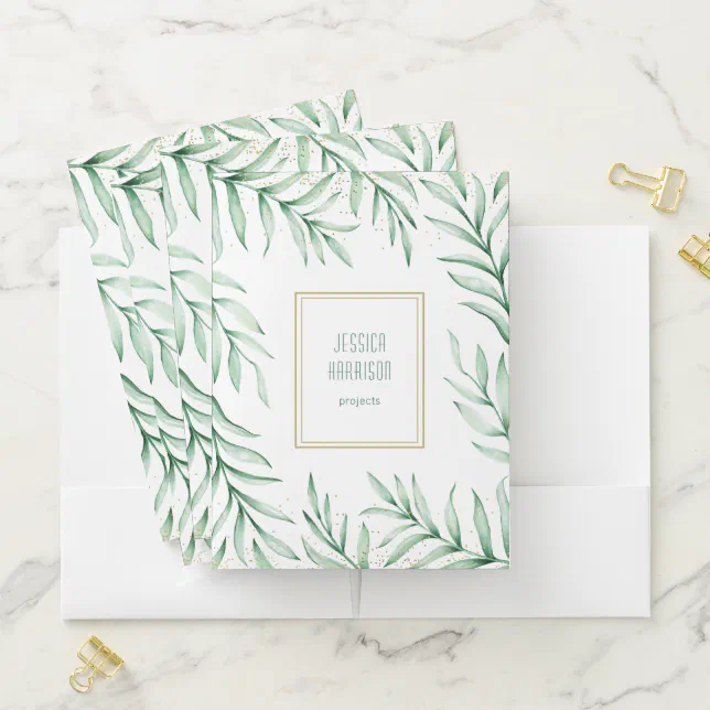 Monogram Elegant Greenery Watercolor Leaves Pocket Folder | Zazzle