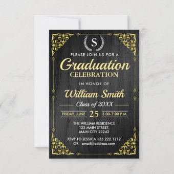 Monogram Elegant Laurel Wreath Golden Graduation Invitation | Zazzle