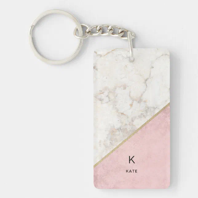 Monogram Elegant Marble Minimalist Rose Gold Keychain | Zazzle