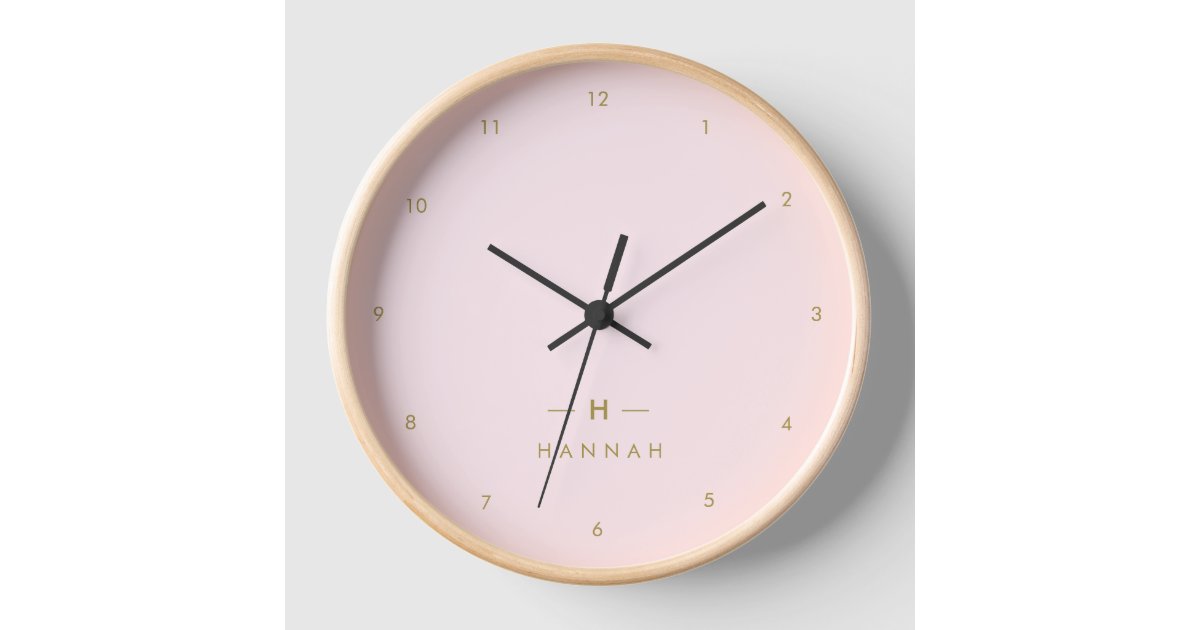 Monogram Elegant Minimal Blush Pink and Gold Clock | Zazzle