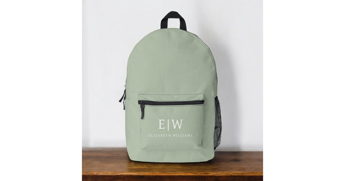 Monogram Elegant Minimal Sage Green Printed Backpack | Zazzle