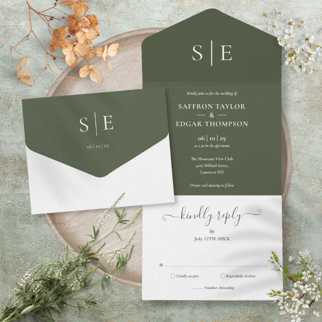 Monogram Elegant Minimalist Olive Green Wedding All In One Invitation ...