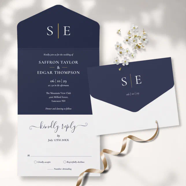 Monogram Elegant Navy Blue And Gold Wedding All In One Invitation | Zazzle