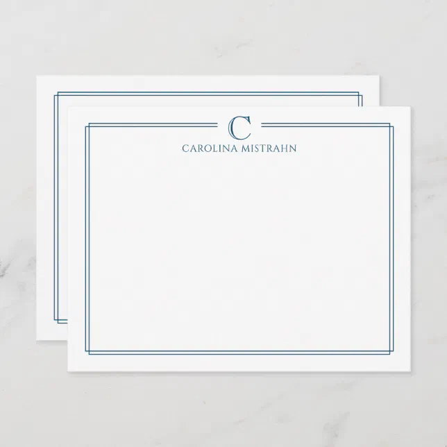 Monogram Elegant Navy Blue Border Stationery Note Card | Zazzle