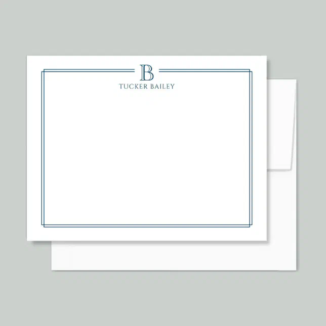 Monogram Elegant Navy Blue Border Stationery Note Card | Zazzle