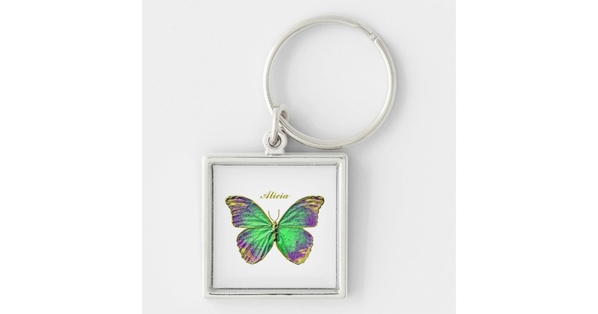 Monogram Emerald Purple Gold Butterfly Keychain | Zazzle