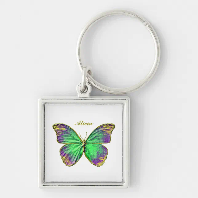 Monogram Emerald Purple Gold Butterfly Keychain | Zazzle