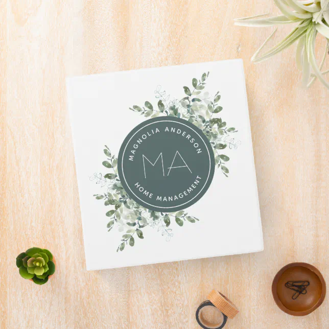 Monogram Eucalyptus Greenery Name 3 Ring Binder | Zazzle
