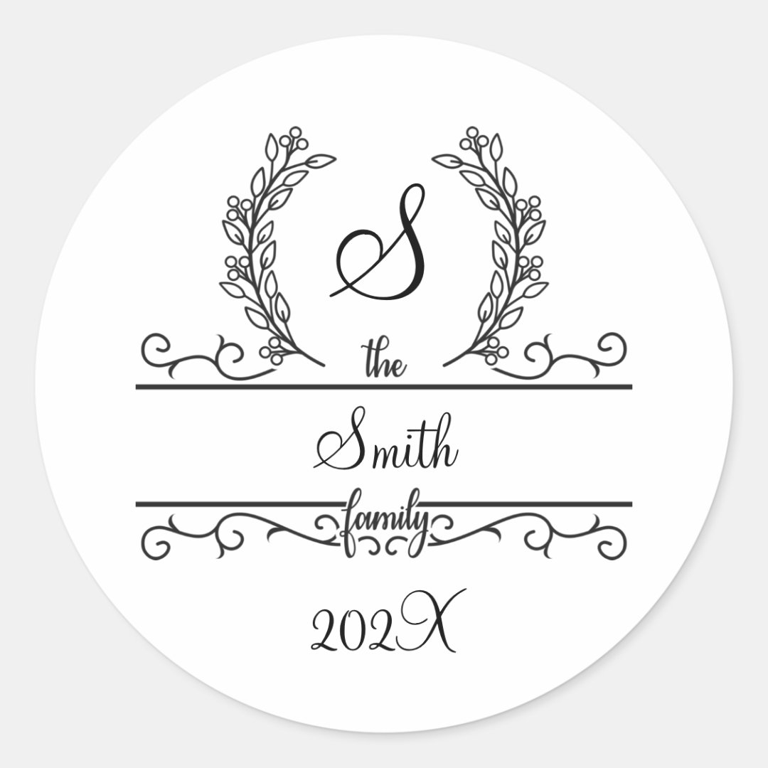 Monogram Family Name Script font Leaves Classic Round Sticker | Zazzle