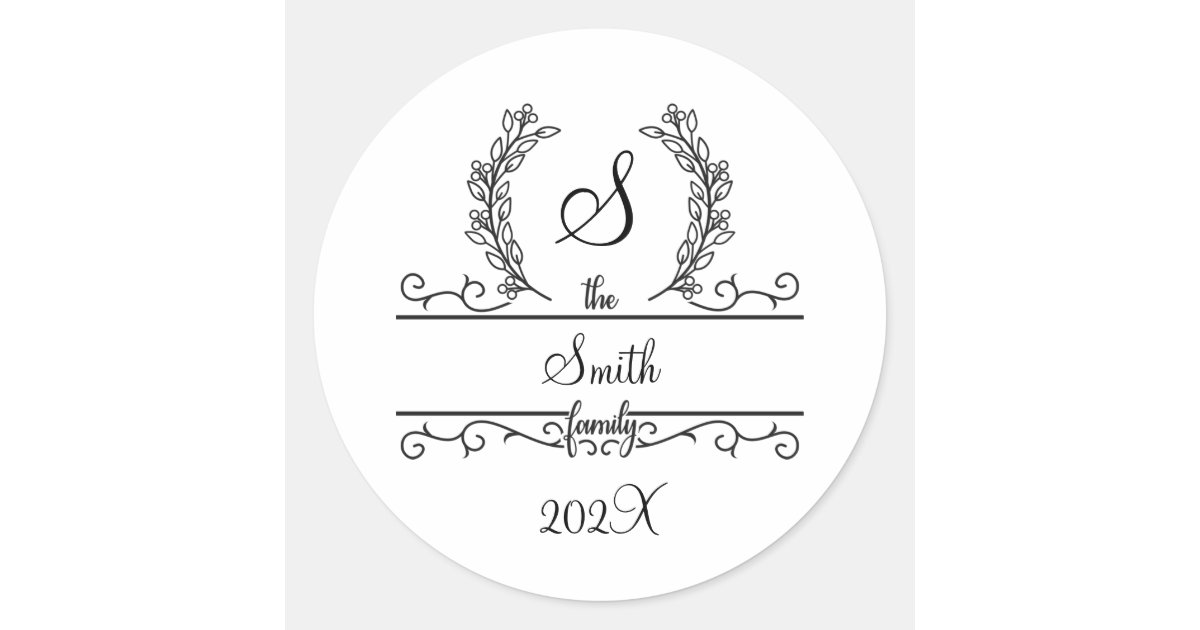 Monogram Family Name Script font Leaves Classic Round Sticker | Zazzle
