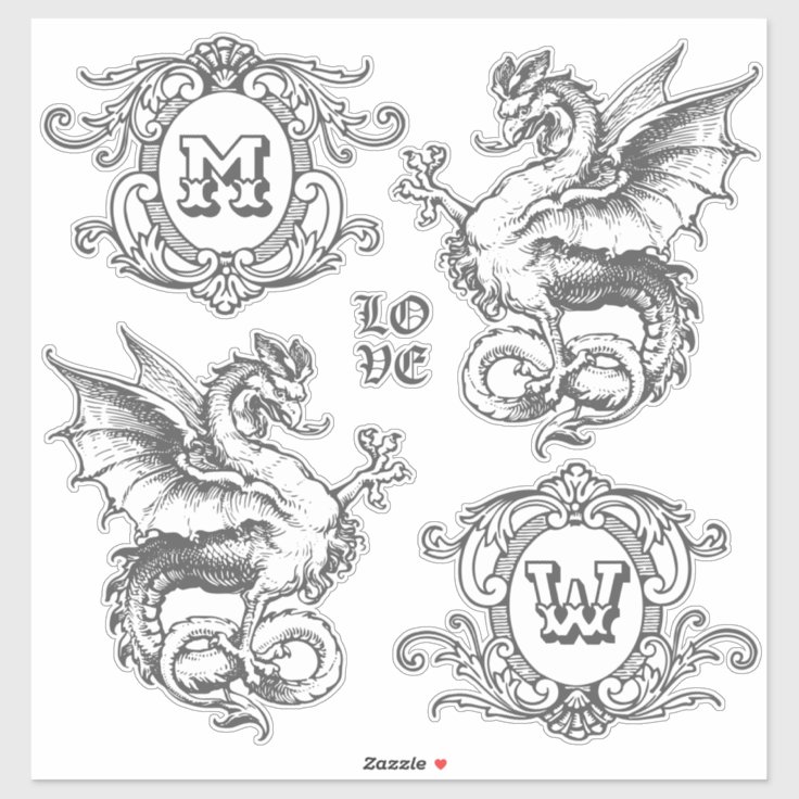 Monogram Fantasy Medieval Dragon Ornate Frames Sticker | Zazzle