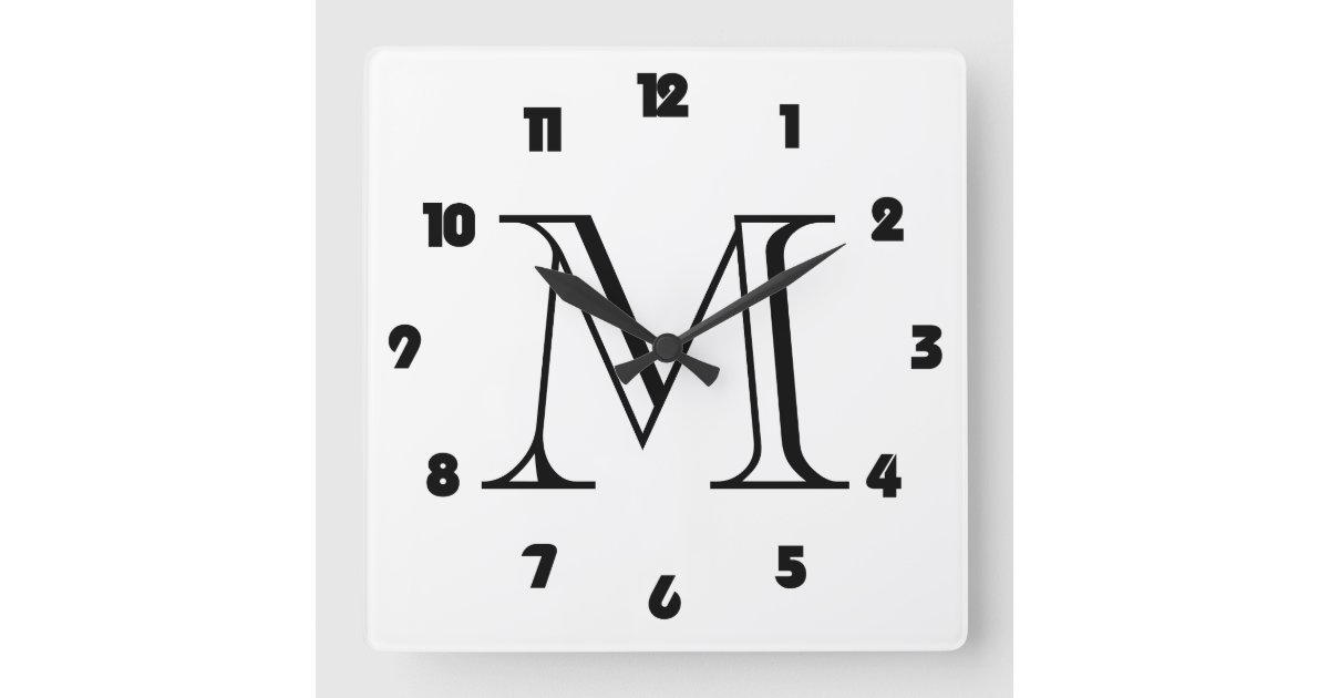 Monogram Fat Black Numbers On White wccnt Square Wall Clock | Zazzle