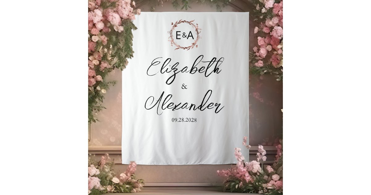 Monogram Floral Calligraphy Wedding Backdrop | Zazzle