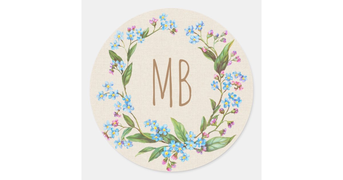 Monogram Forget-Me-Not Wreath Blue Beige Rustic Classic Round Sticker ...
