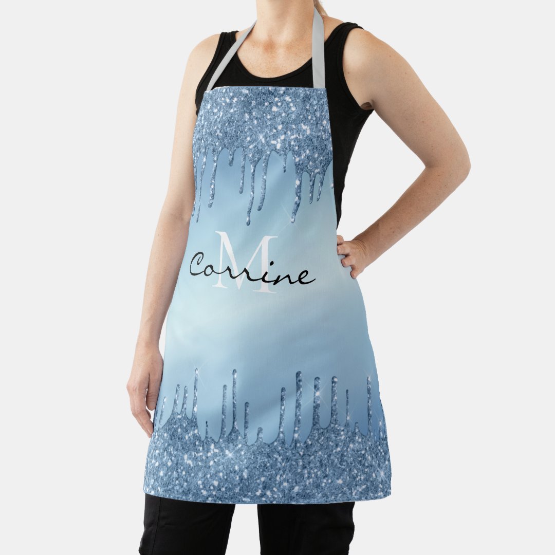 Monogram Frozen Ice Blue Dripping Glitter Metallic Apron | Zazzle
