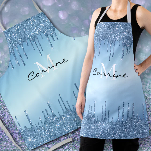 Monogram Frozen Ice Blue Dripping Glitter Metallic Apron | Zazzle