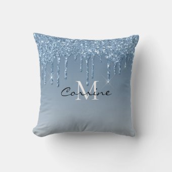 Monogram Frozen Ice Blue Dripping Glitter Metallic Throw Pillow | Zazzle