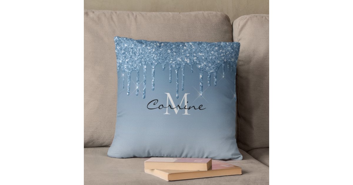 Monogram Frozen Ice Blue Dripping Glitter Metallic Throw Pillow | Zazzle