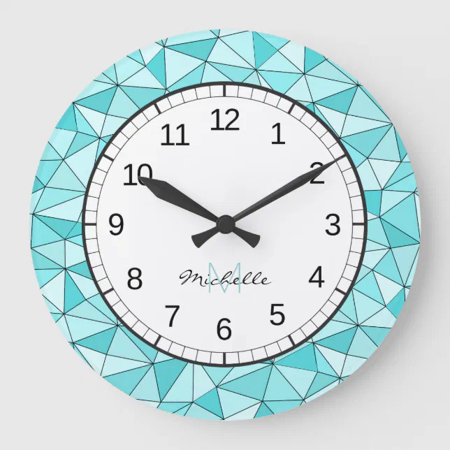 Monogram Geometric Cyan Modern Wall Clock | Zazzle