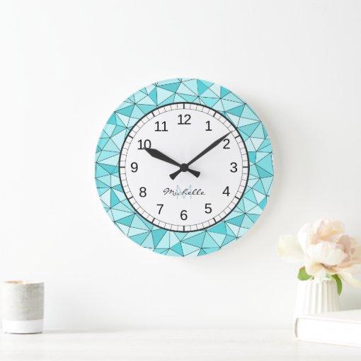 Monogram Geometric Cyan Modern Wall Clock | Zazzle