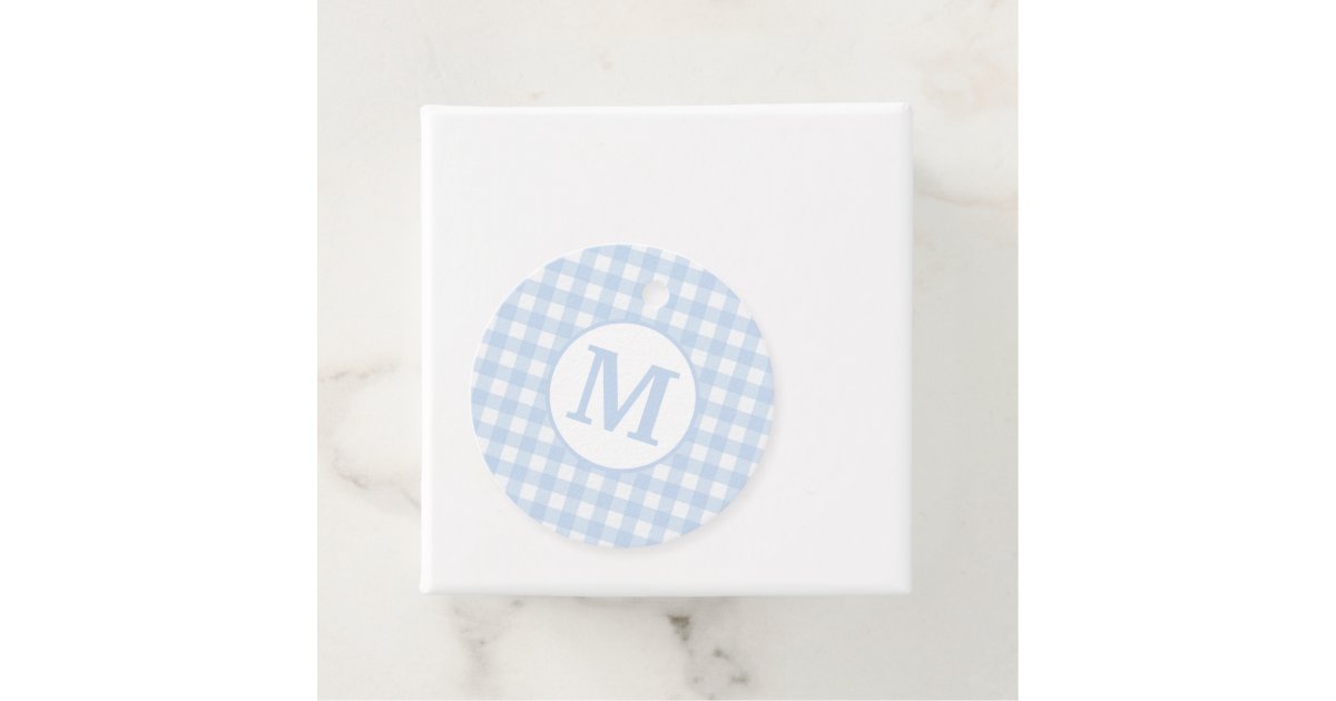 Monogram Gingham Pattern in Soft Baby Blue Favor Tags | Zazzle