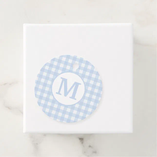 Monogram Gingham Pattern in Soft Baby Blue Favor Tags | Zazzle