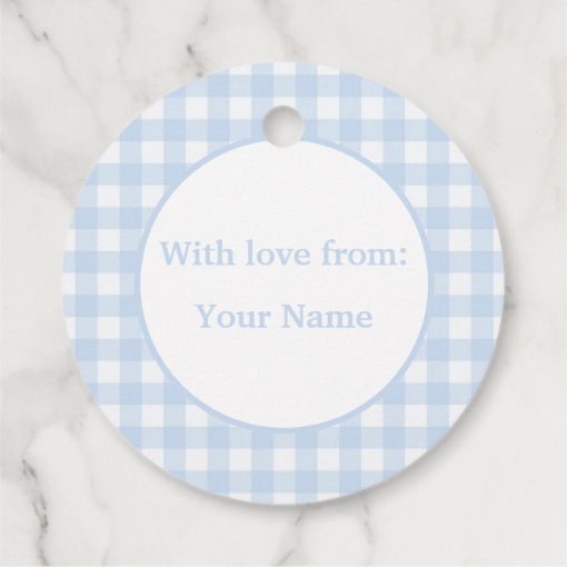 Monogram Gingham Pattern in Soft Baby Blue Favor Tags | Zazzle