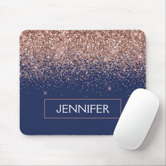 Monogram Glitter Blush Pink Rose Gold Navy Blue Mouse Pad | Zazzle