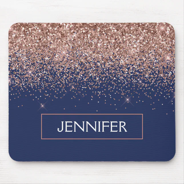 Monogram Glitter Blush Pink Rose Gold Navy Blue Mouse Pad | Zazzle