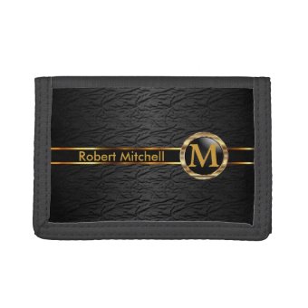 Monogram Gold and Black Leather Trifold Wallet | Zazzle