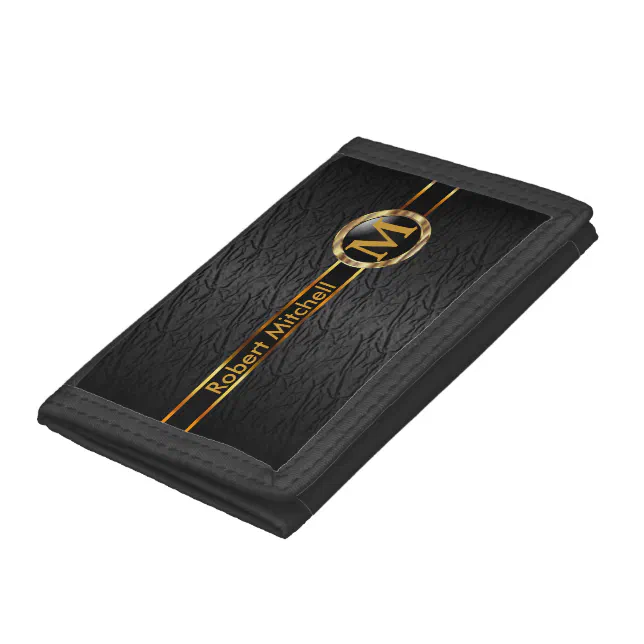 Monogram Gold and Black Leather Trifold Wallet | Zazzle