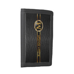 Monogram Gold and Black Leather Trifold Wallet | Zazzle