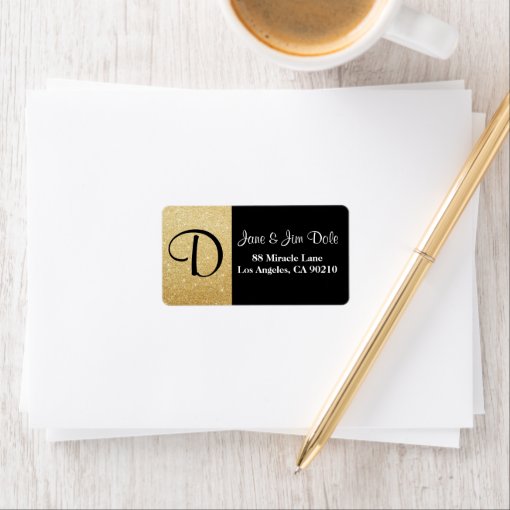 Monogram Gold & Black Return Address Label | Zazzle