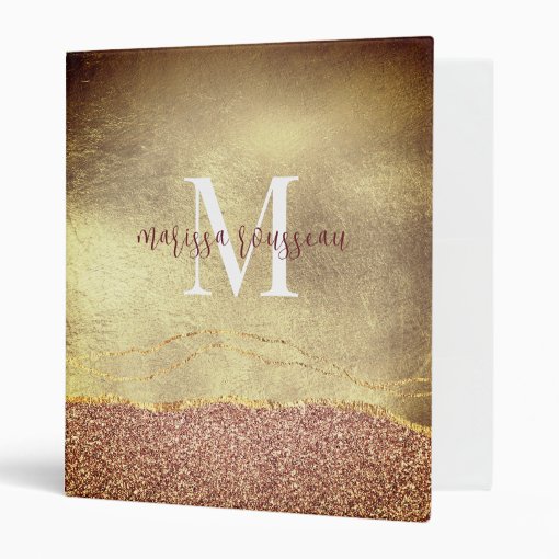 Monogram Gold Foil Rose Gold Glitter Script 3 Ring Binder | Zazzle