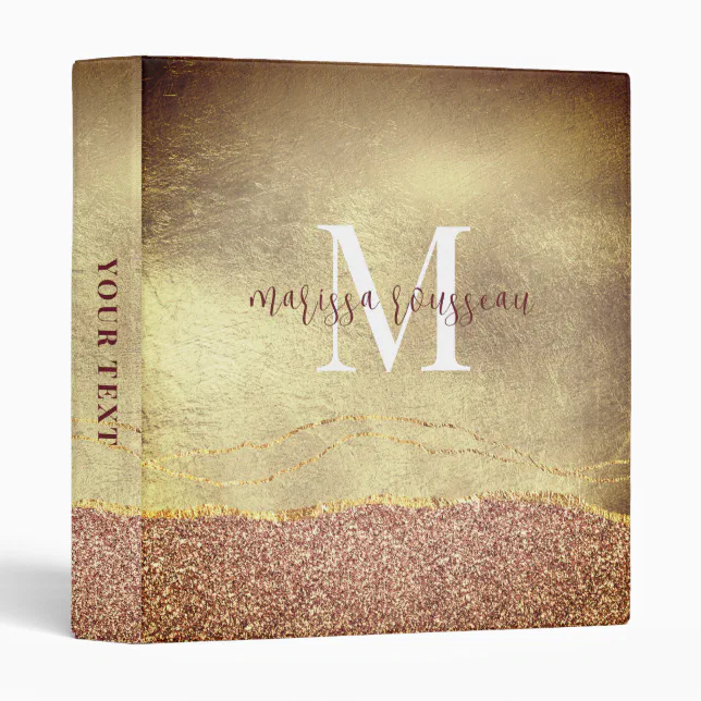 Monogram Gold Foil Rose Gold Glitter Script 3 Ring Binder | Zazzle