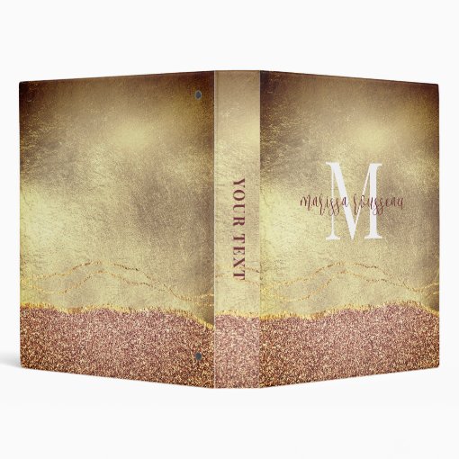 Monogram Gold Foil Rose Gold Glitter Script 3 Ring Binder | Zazzle