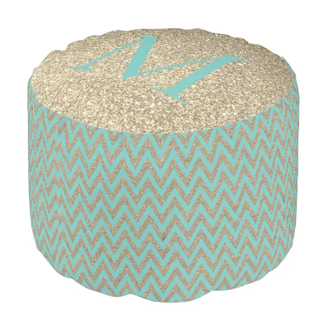 Monogram Gold Glitter and Teal Chevron Sparkle Pouf | Zazzle