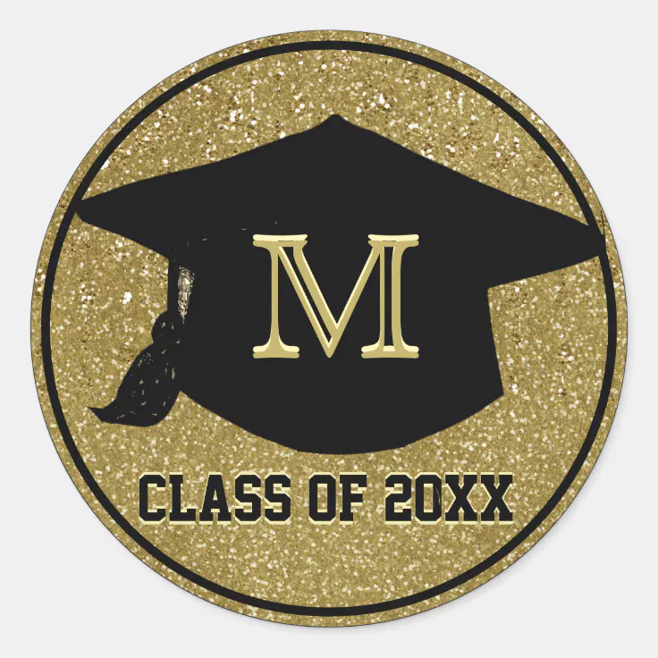 Monogram Gold Glitter Graduation Classic Round Sticker | Zazzle