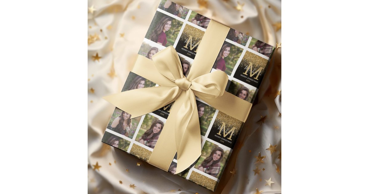 Monogram Gold Glitter Photo Christmas Wrapping Paper | Zazzle