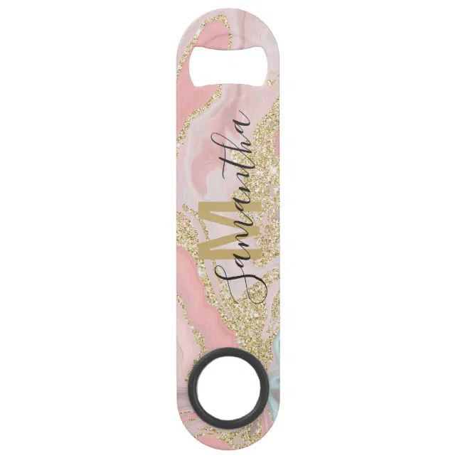 Monogram gold glitter pink marble pattern bar key | Zazzle
