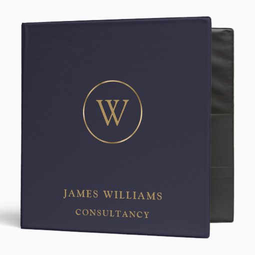 Monogram Gold Navy Midnight Blue Business 3 Ring Binder | Zazzle