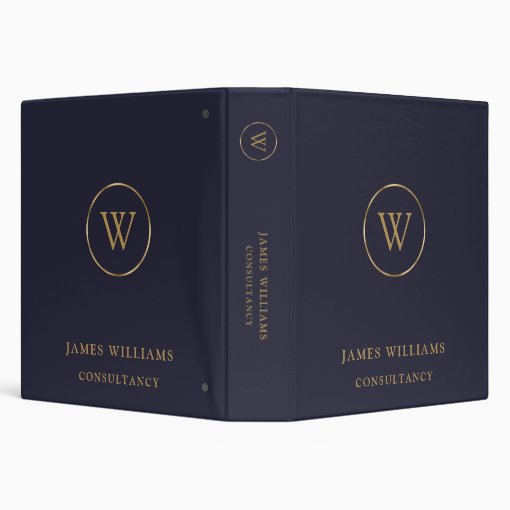 Monogram Gold Navy Midnight Blue Business 3 Ring Binder | Zazzle