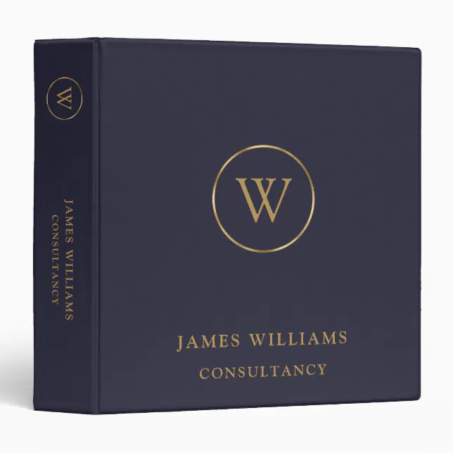 Monogram Gold Navy Midnight Blue Business 3 Ring Binder | Zazzle