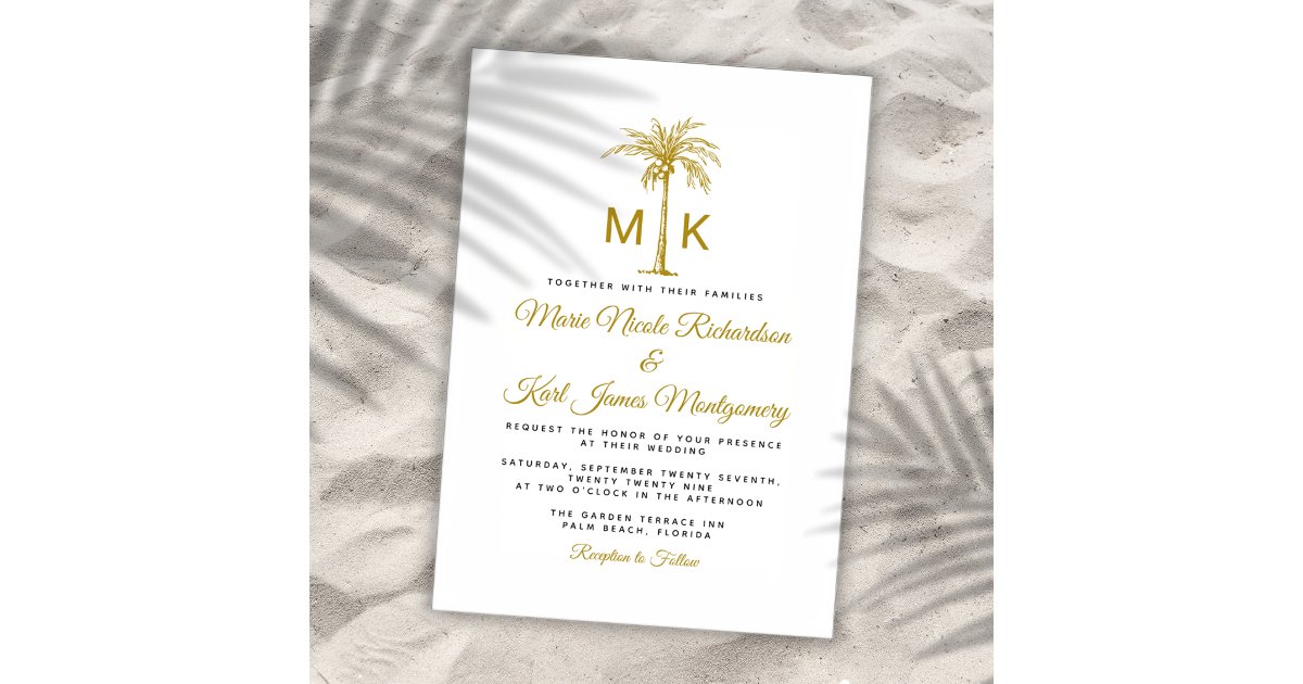 Monogram Gold Palm Tree Formal Beach Wedding Invitation | Zazzle