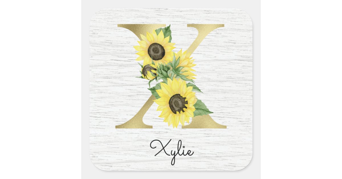 Monogram Gold Sunflower Girly Floral Initial X Square Sticker | Zazzle